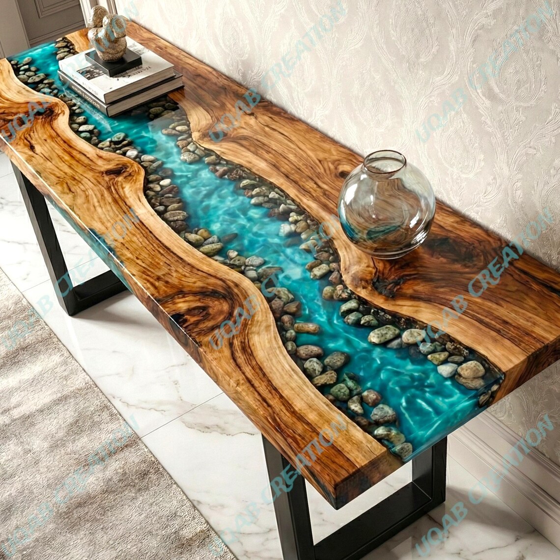 River Stone Teal Blue Epoxy Resin Console Table | Natural Wood Handmade ...