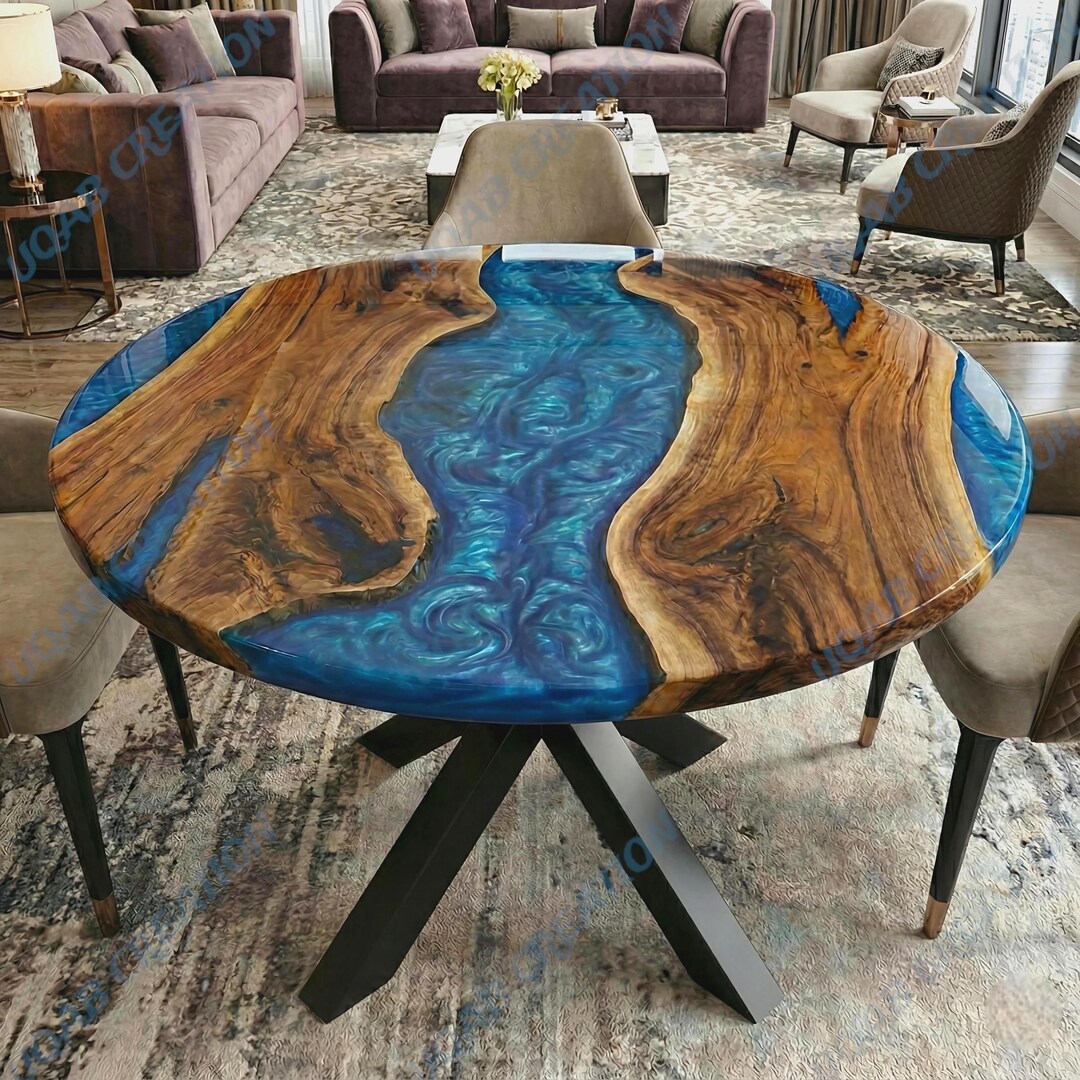 Round Blue Metallic Epoxy Resin Dining Table | Natural Wood Modern ...