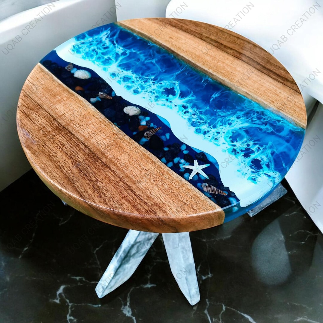 Ocean Wave Round Epoxy Resin Table – Coastal Beauty in Natural Wood Art ...