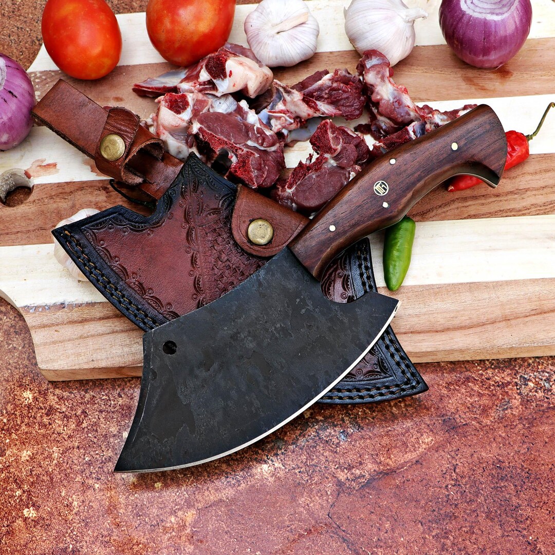 Hand-forged J2 Steel Cleaver Knife, Wood Handle, Engraved Leather ...