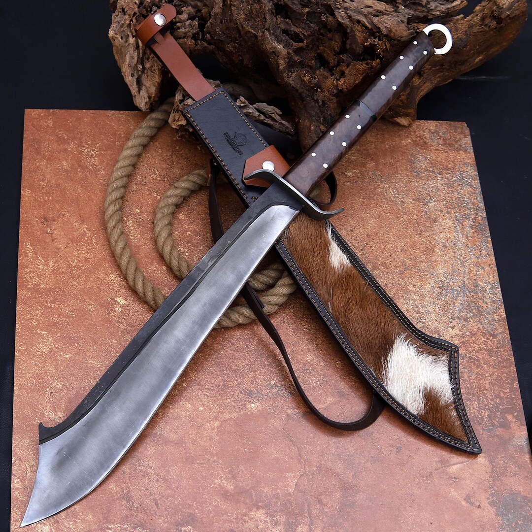 Handcrafted J2 Steel Machete: Wood & Resin Handle With Hair-on Leather ...