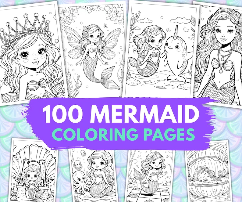 100 Mermaid Coloring Pages for Kids - A4 Printable PDF | Cute ...
