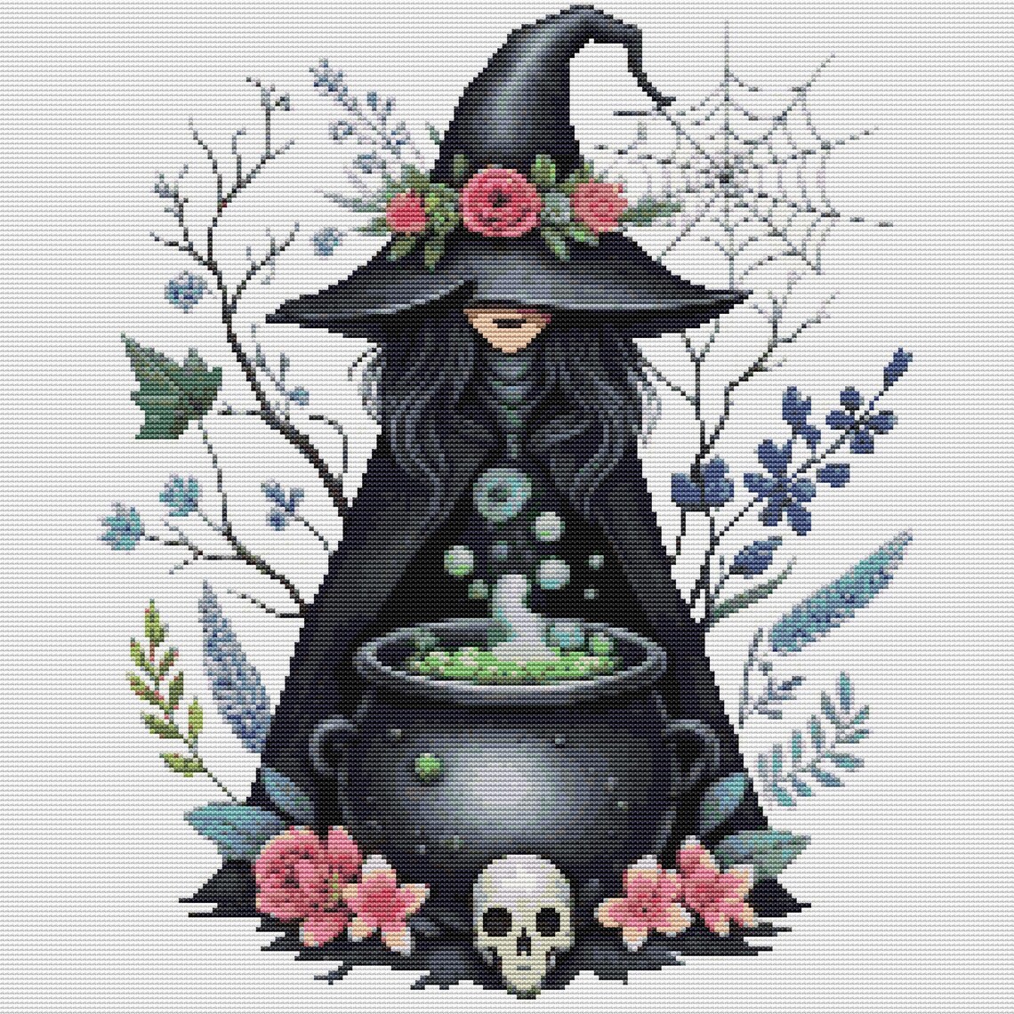 Gothic Witch With Cauldron Cross Stitch Pattern Witch With Flowers ...