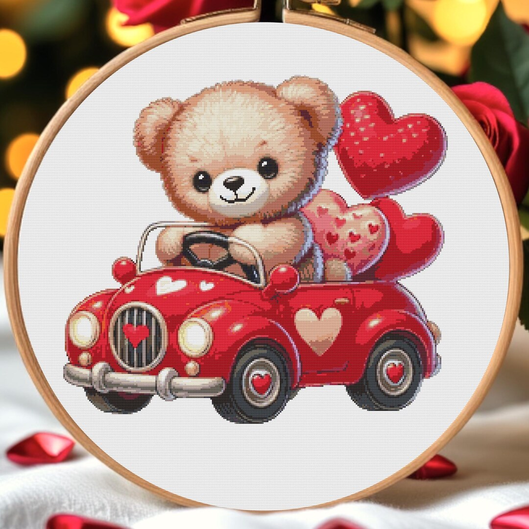 Valentine Teddy Bear 306 Counted Cross Stitch Pattern, Bear Driving Red ...