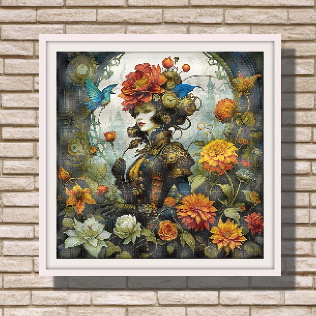 Cyberpunk Lady Cross Stitch Pattern – Futuristic Woman in Floral Garden ...