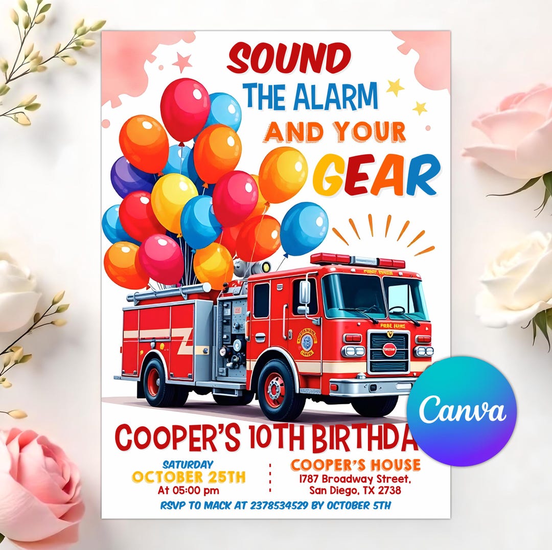 Editable Fire Truck Birthday Invitation Template, Firetruck Invitation ...