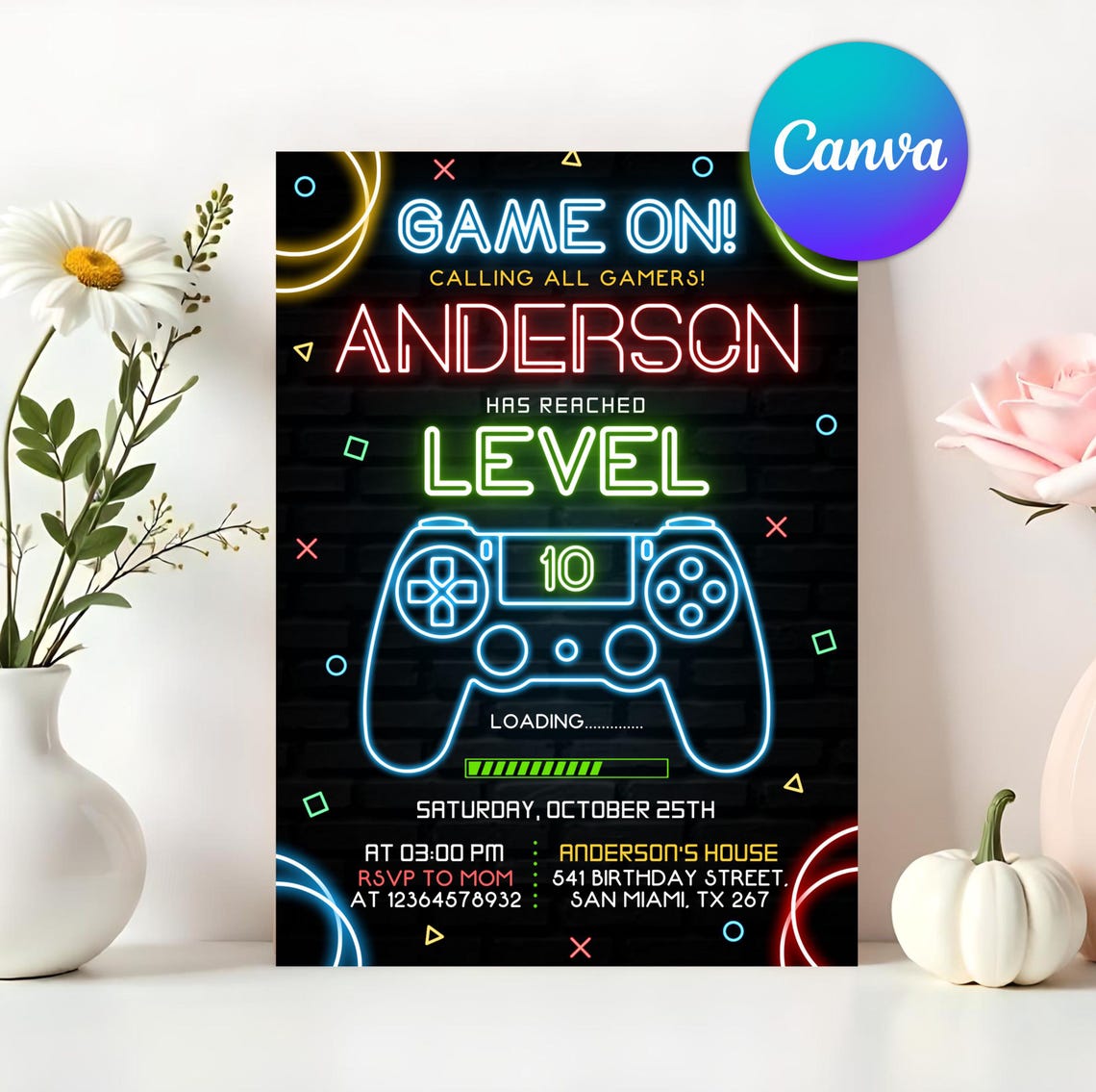Editable Neon Game on Level up Gaming Birthday Party Invitation, Video ...