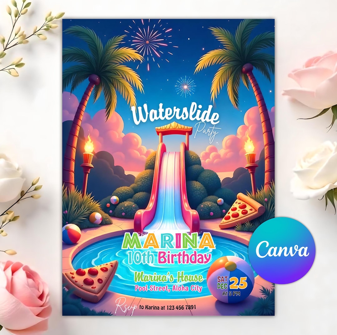Waterslide Birthday Invitation, Water Park Party Invite, Summer Pool ...