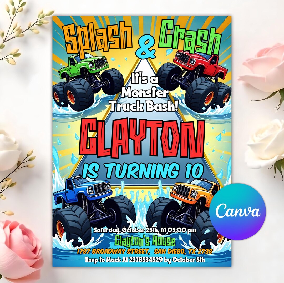 Monster Truck Birthday Invitation, Splash and Crash Pool Party Invite ...
