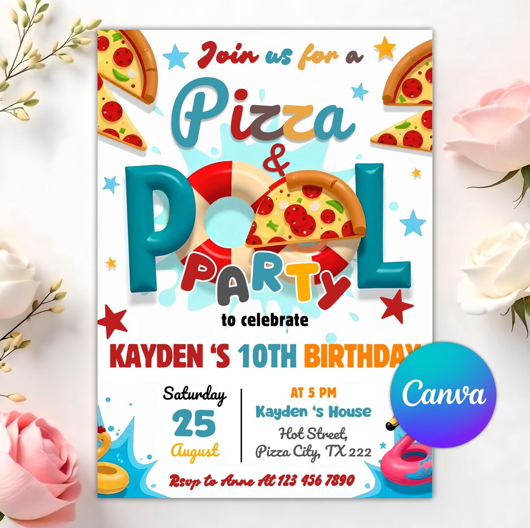 Editable Pizza Pool Party Invitation, Pizza Pool Party Birthday, Pizza ...