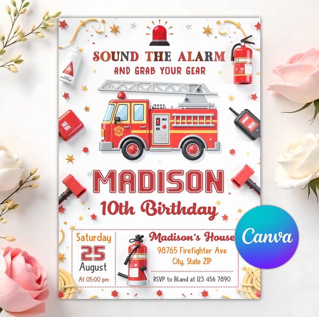 Editable Fire Truck Birthday Invitation Template, Firetruck Invitation ...
