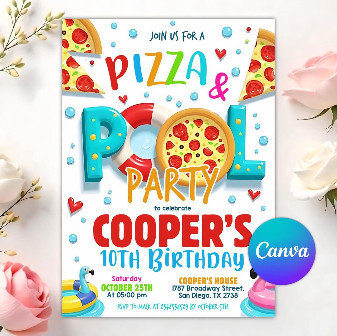 Pizza Pool Birthday Party Invitation, Pool Party Invitation, Pizza Pool ...