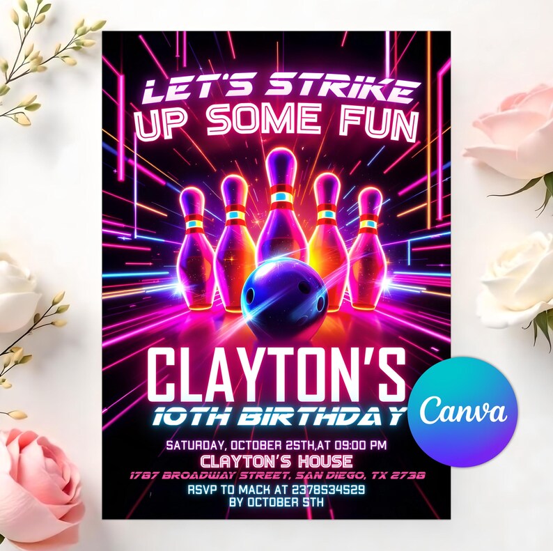 Editable Bowling Birthday Invitation, Glow Bowling Invitation, Neon ...