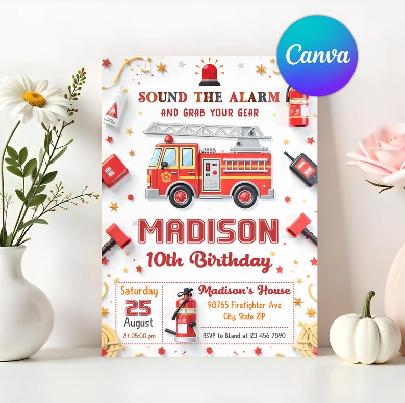 Editable Fire Truck Birthday Invitation Template, Firetruck Invitation ...