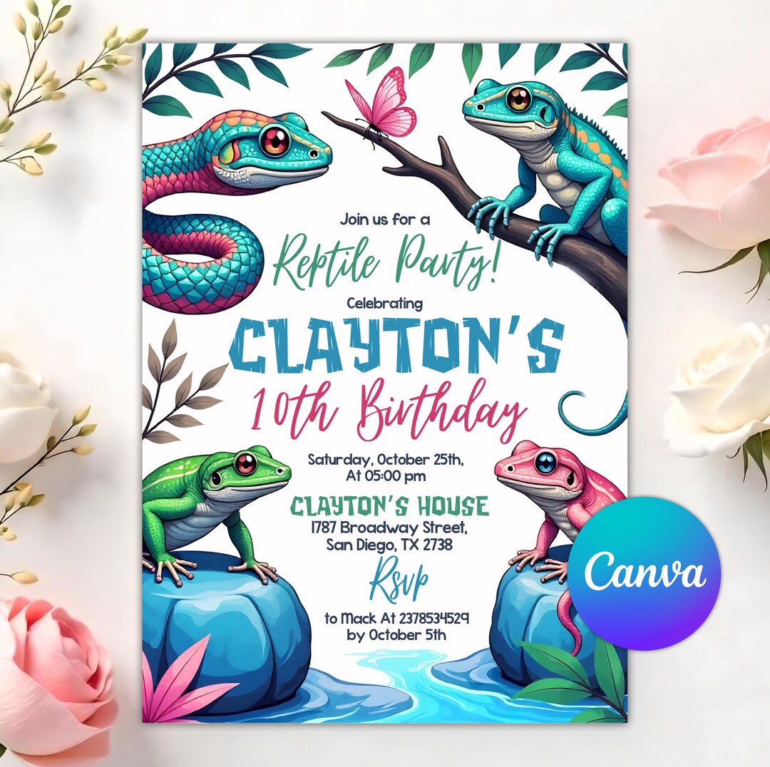 Editable Reptile Birthday Invitation, Girl Lizard Party Evite, Snake ...
