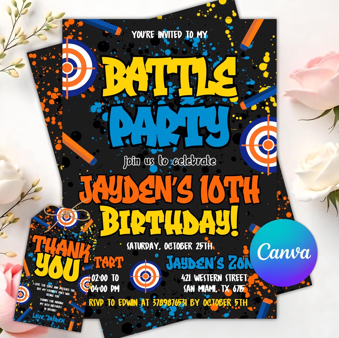 Editable Birthday Party Invitation, Battle Theme Invite, Battle ...