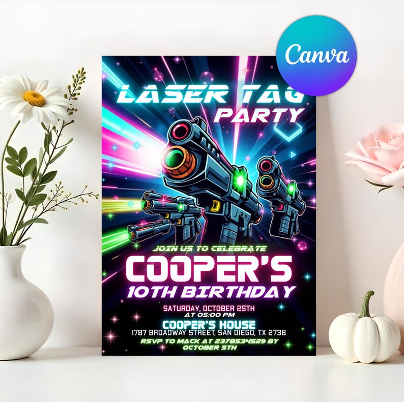 Editable Laser Tag Birthday Invitation, Laser Tag Invitation, Neon ...