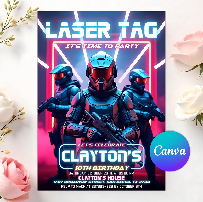 Editable Laser Tag Invitation, Neon Glow Party Invite, Canva Template ...