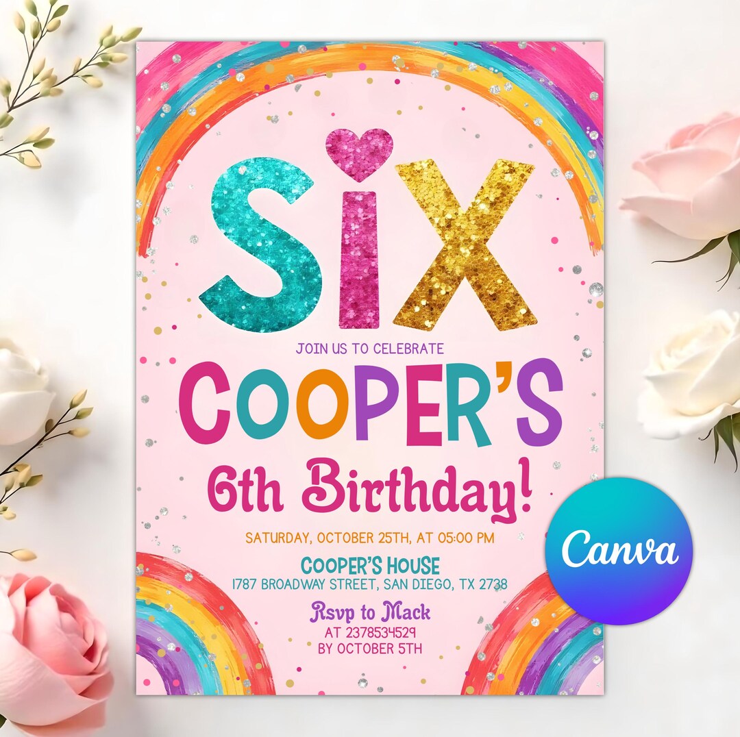 6th Birthday Invitation Girl, 6th Rainbow Sequin Birthday Editable ...
