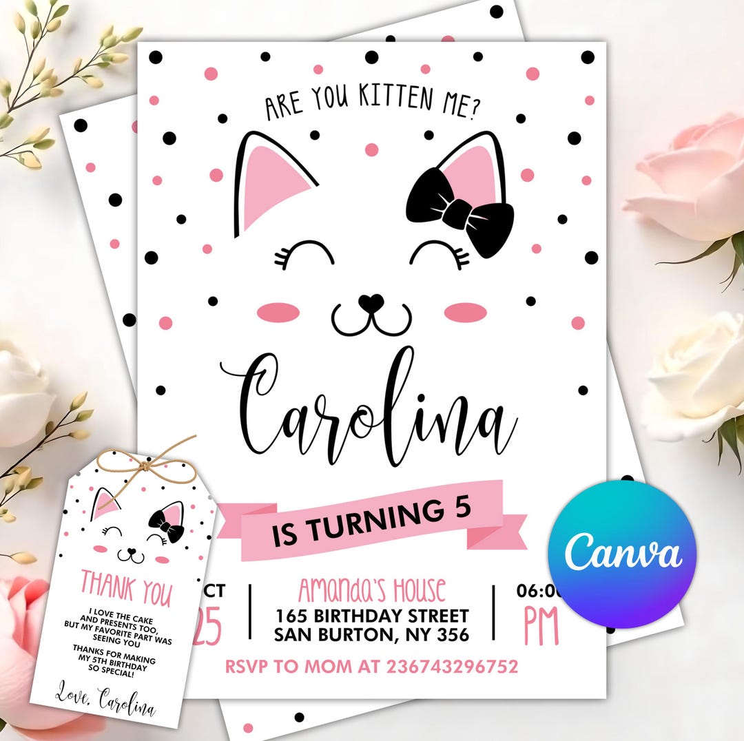 Editable Kitty Cat Birthday Invitation, Cat Party Invite, Cat Theme ...