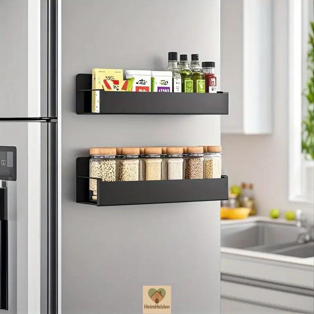 Magnetic Shelves for Kitchen & Laundry Room – Black Metal, Drill-free ...