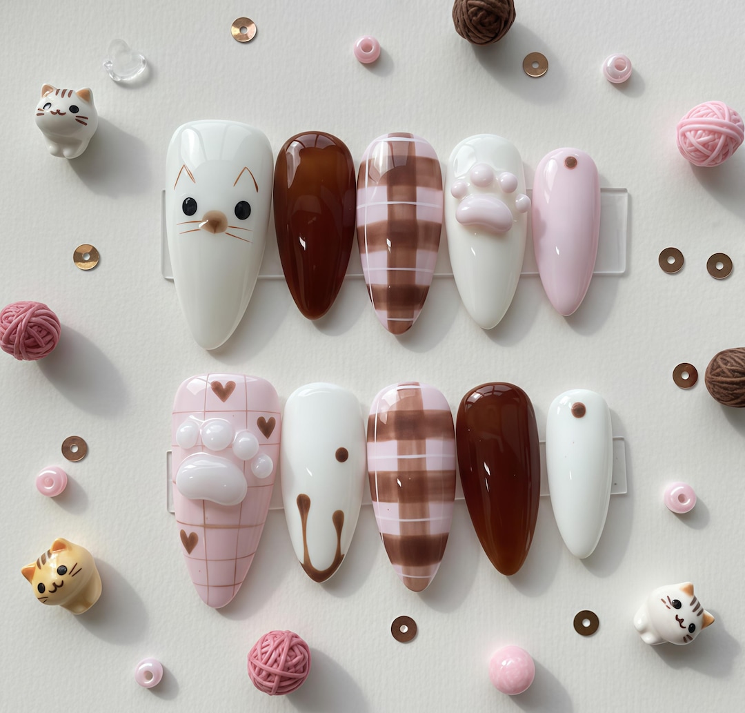Cute Cat Paw Press on Nails, 3D Paw Nail Design, Pink and Brown Nail ...