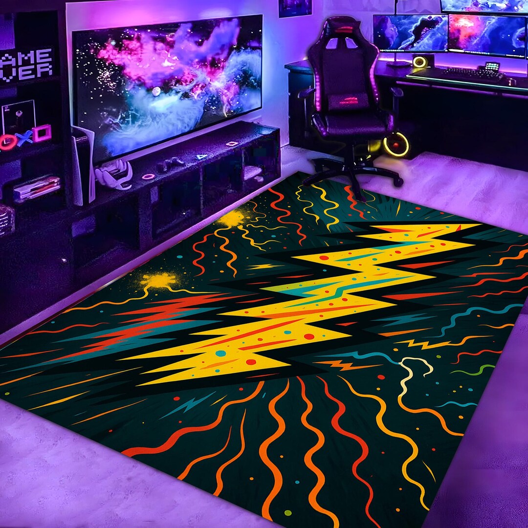 Lightning Bolt Rug, Colorful Gamer Room Decor, Comic Style Lightning ...