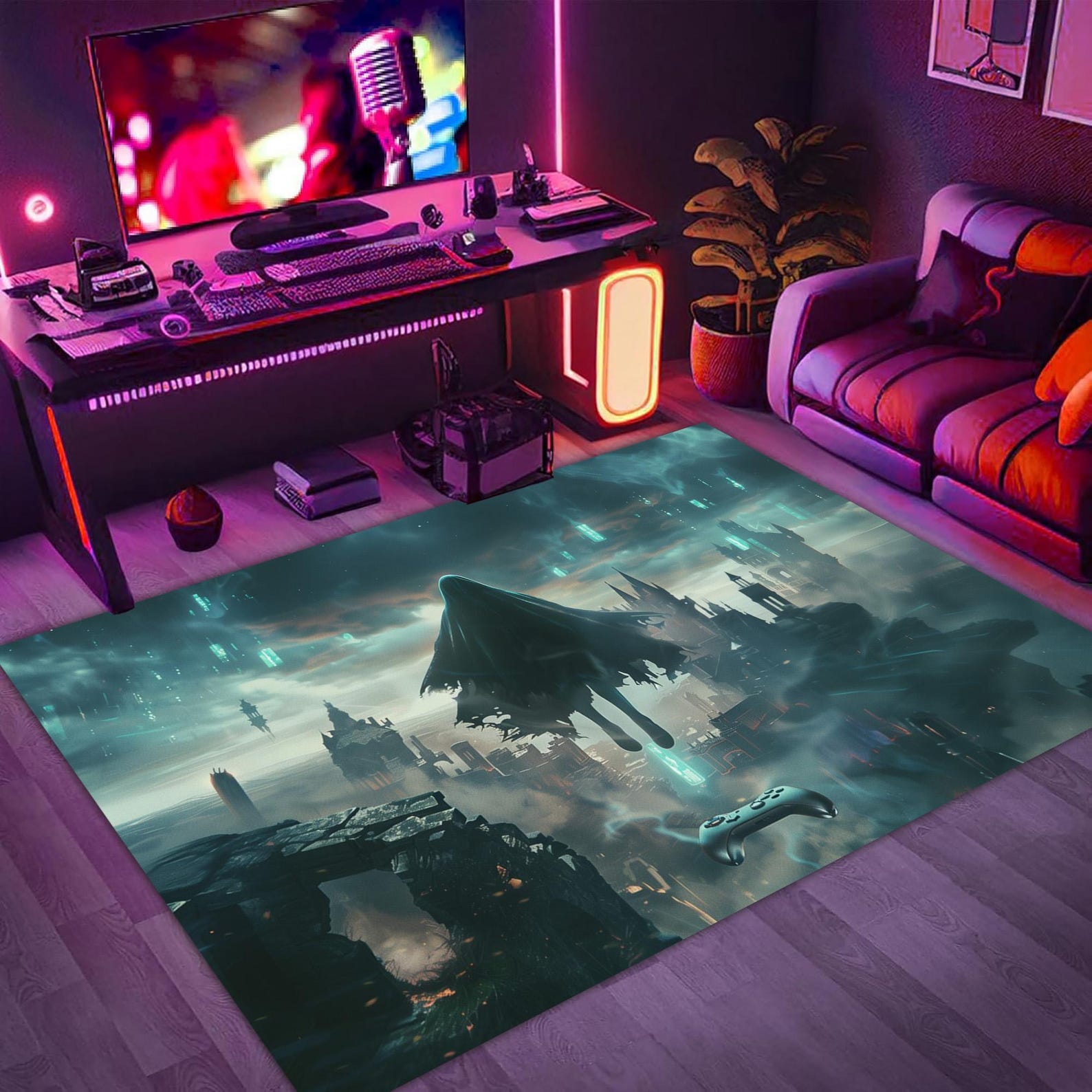 Dark Fantasy Gamer Rug, Haunted Castle Design, Floating Cloak Figure ...