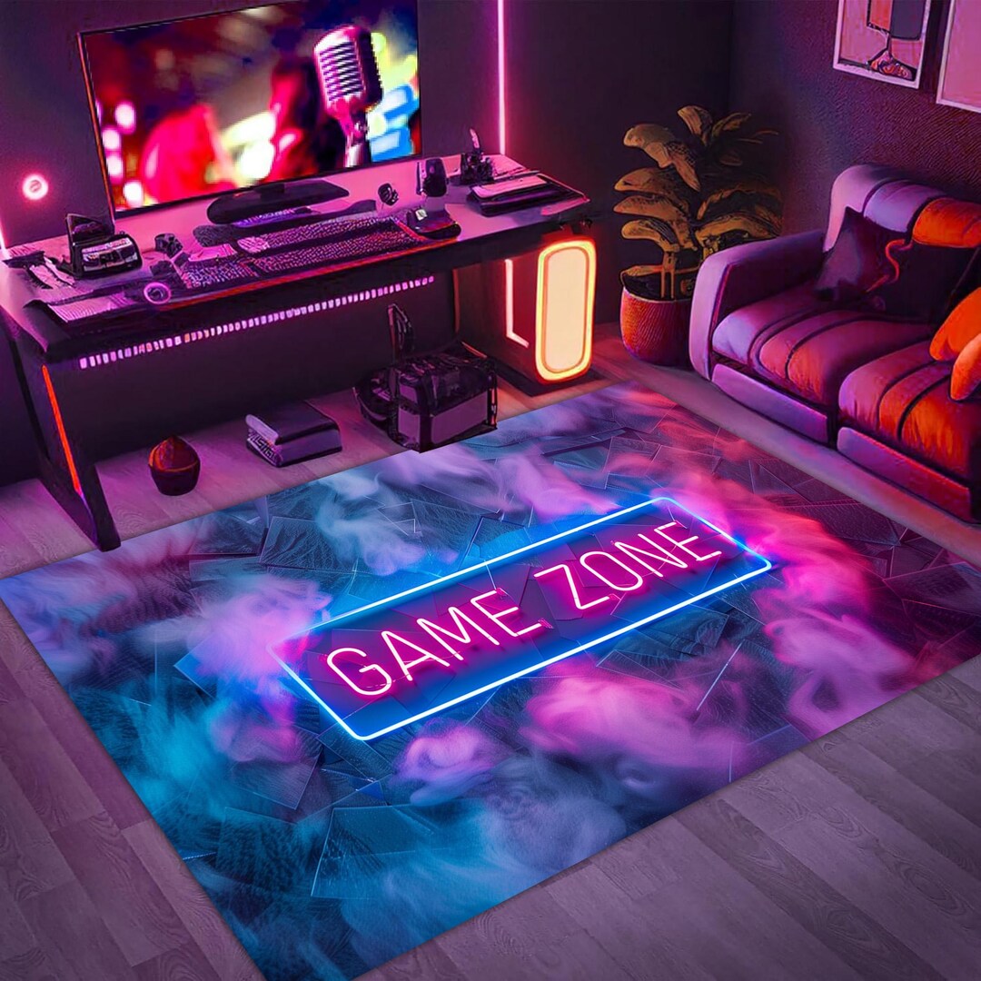 Game Zone Rug, Neon Sign Style, Gamer Room Mat, Vaporwave Gaming Carpet ...