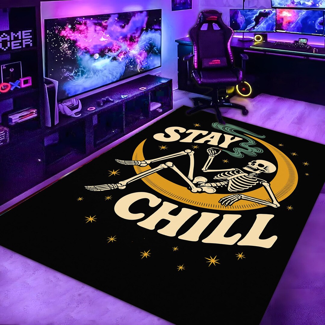 Stay Chill Skeleton Rug, Funny Gamer Room Floor Mat, Smoking Skeleton ...