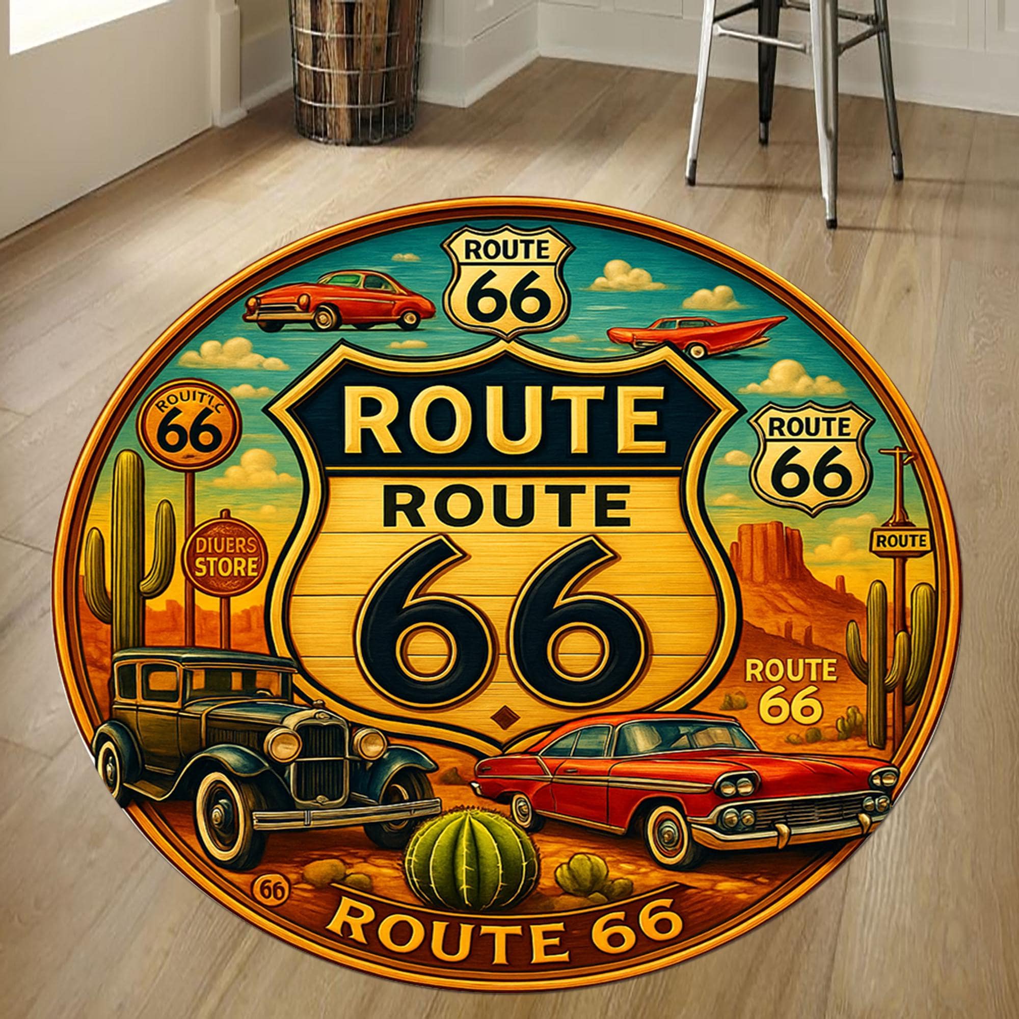 Runder Teppich Route 66, Teppich Route 66, Vintage Car Teppich, Retro ...