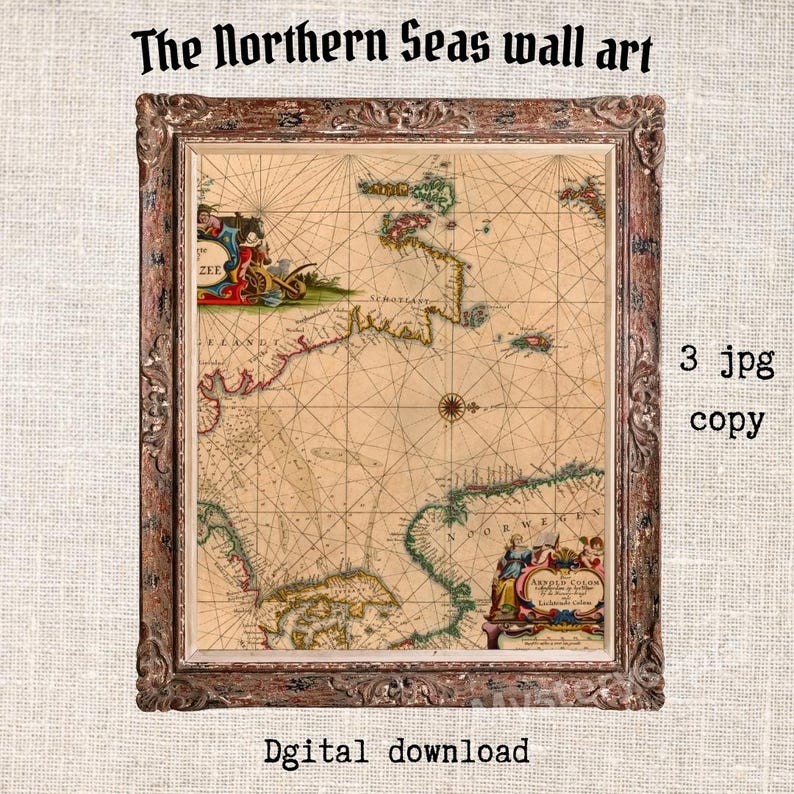 Antique Northern Seas Map Art Print, Vintage Nautical Chart, Old World ...