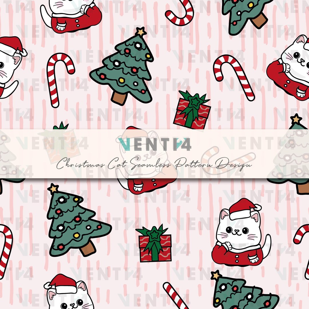 Christmas Cat Seamless Pattern | Hand Drawn Xmas Cats Digital Paper ...
