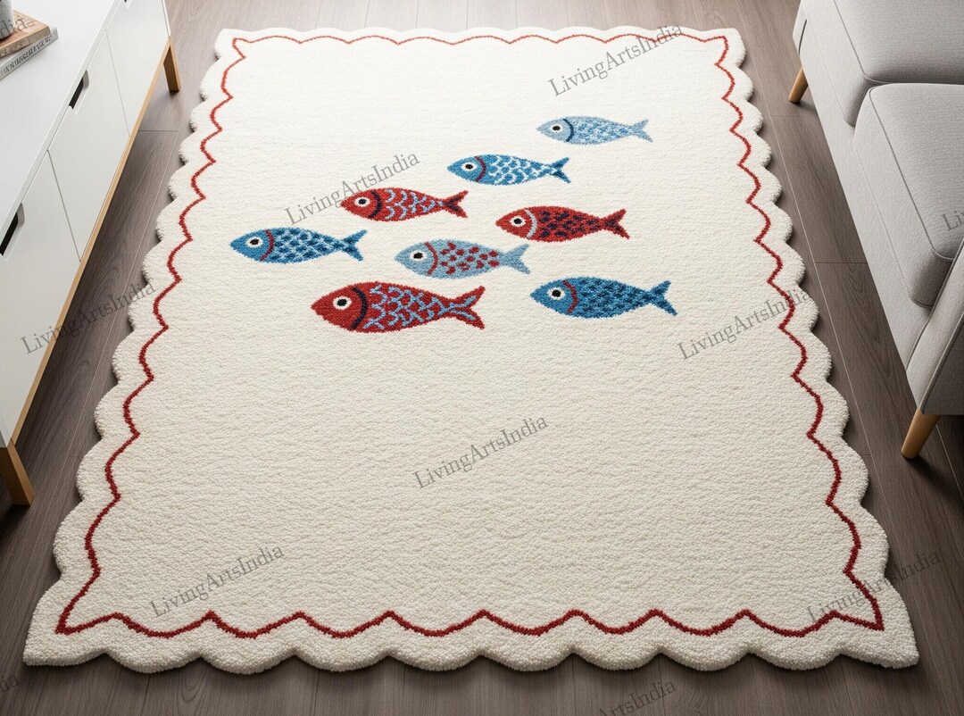 Off White Red Blue Fish Rug, Hand Tufted Scalloped Border Wool Area ...