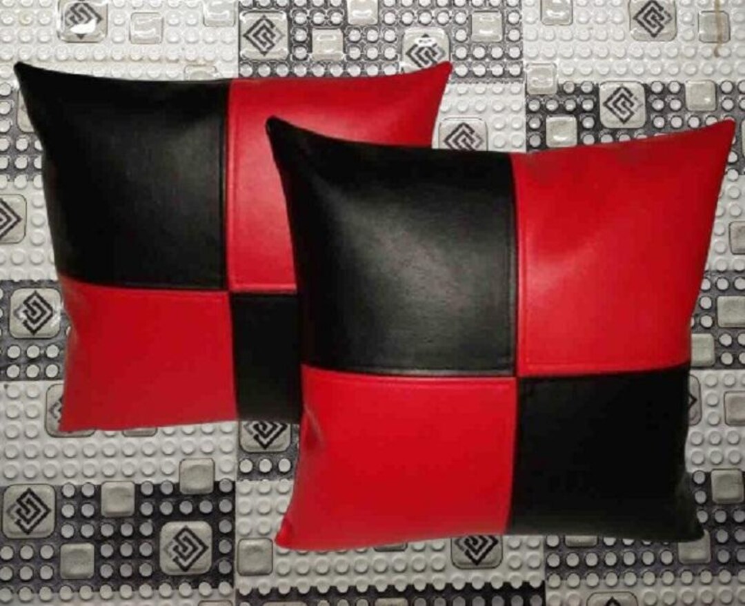 Handmade Leather Pillow Cover: Red & Black Block Design - Etsy