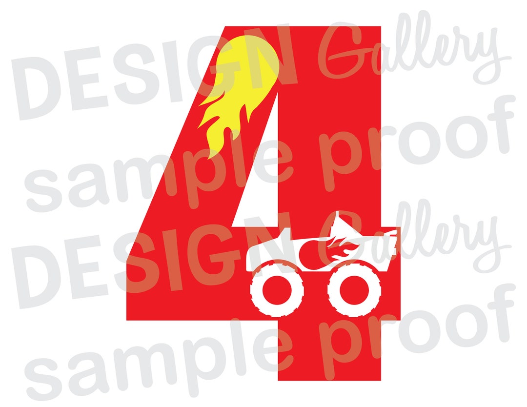 4 Four Fourth Birthday - Monster Truck - JPG, Png & SVG, DXF Cut File ...