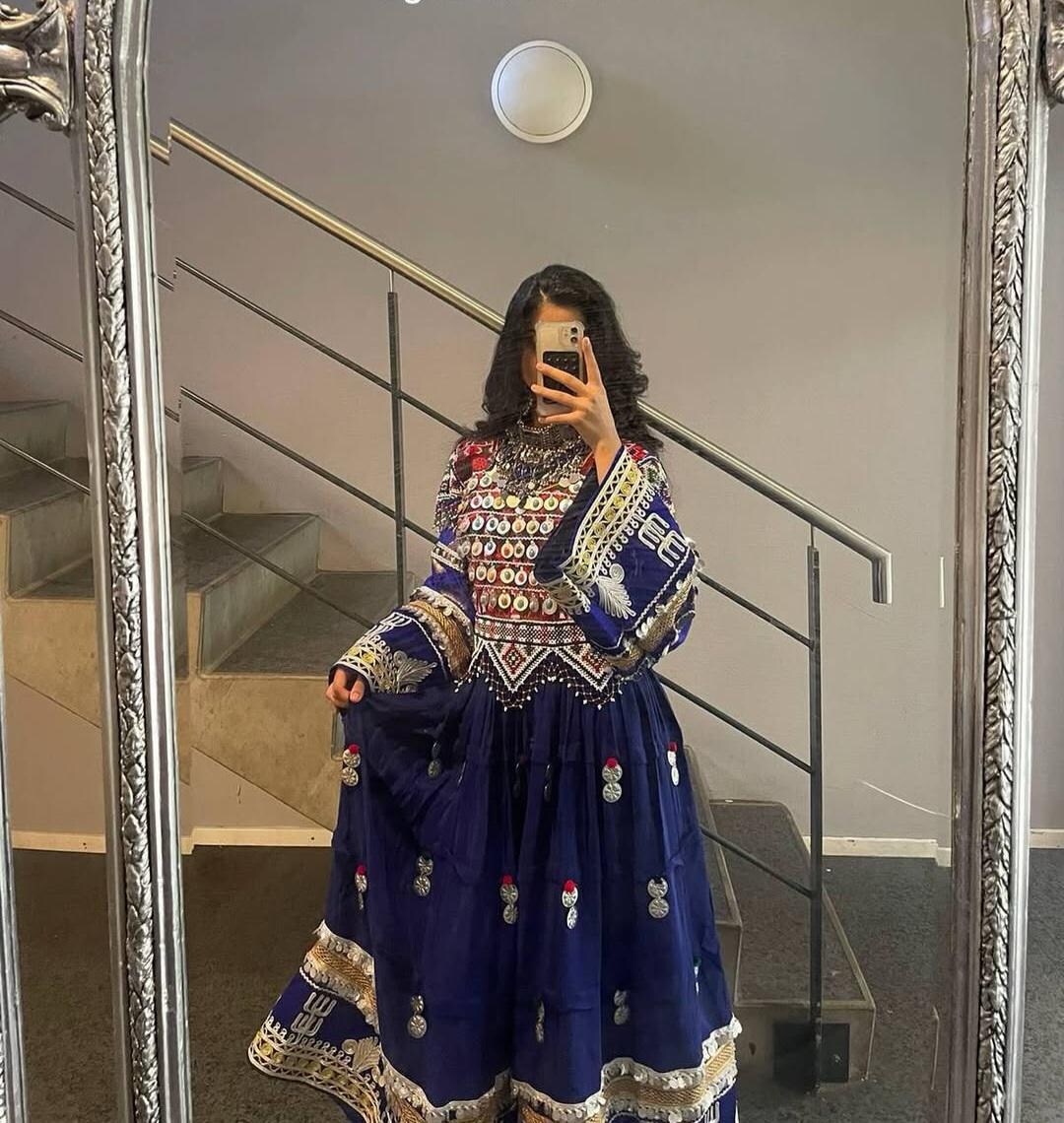 Traditional Afghan Kuchi Dress: Handmade Navy Blue Gown With Bead and ...