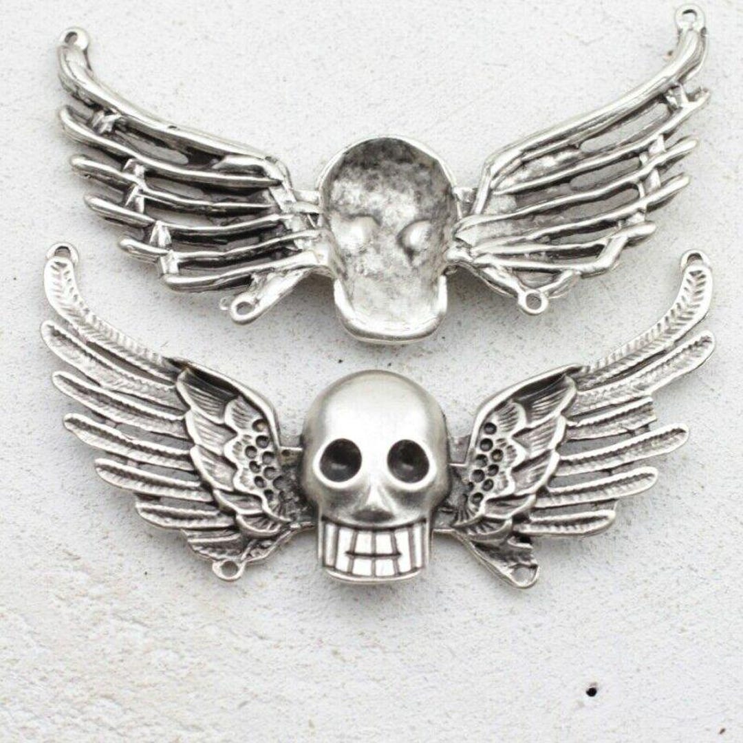 Skull With Angel Wings Charm – Gothic Pendant With Side Loops – Punk ...