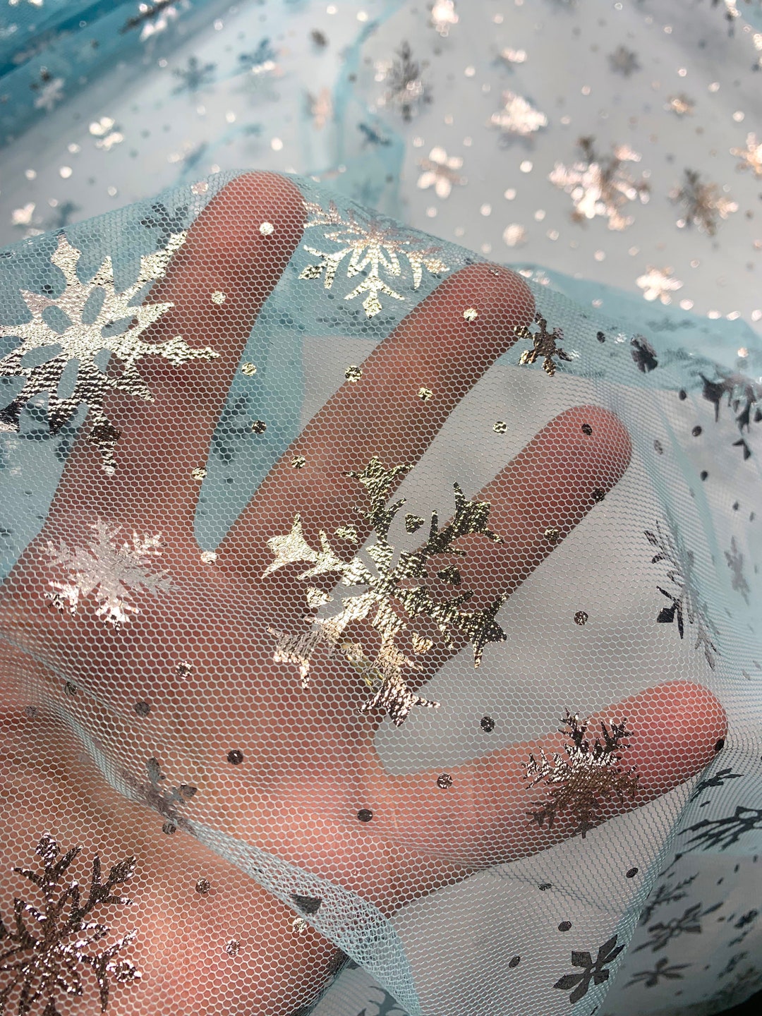 Sale 1.00 off 68 Inches Wide Sky Blue Snowflake Fabric SPARKLE Shiny ...