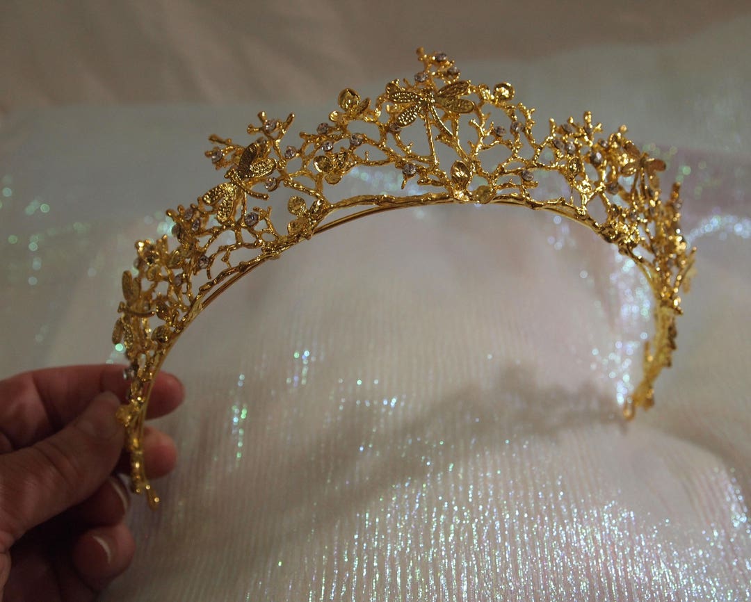 Large Gold CRYSTAL Rhinestone Crown DRAGONFLY Crown TWIG Fairy Crown ...