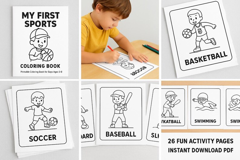My First Sports – Printable Coloring Book for Boys Ages 5–8 | 26 Fun ...