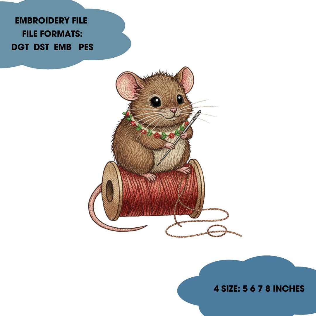 Cute Sewing Mouse Embroidery File Adorable Tiny Rodent on Spool of ...