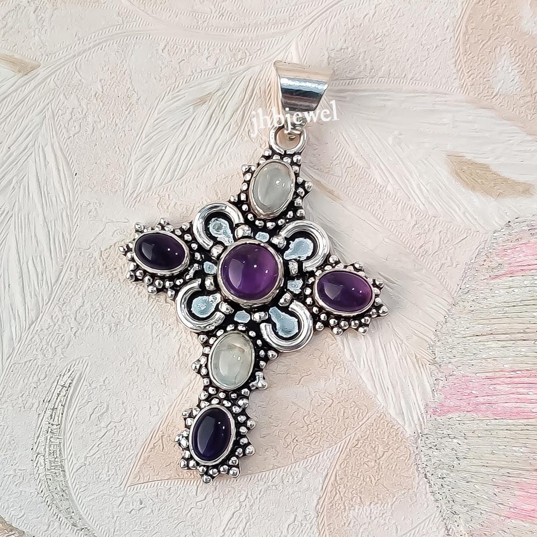 Amethyst -moonstone Handmade Cross Pendant/ 925 Sterling Silver ...