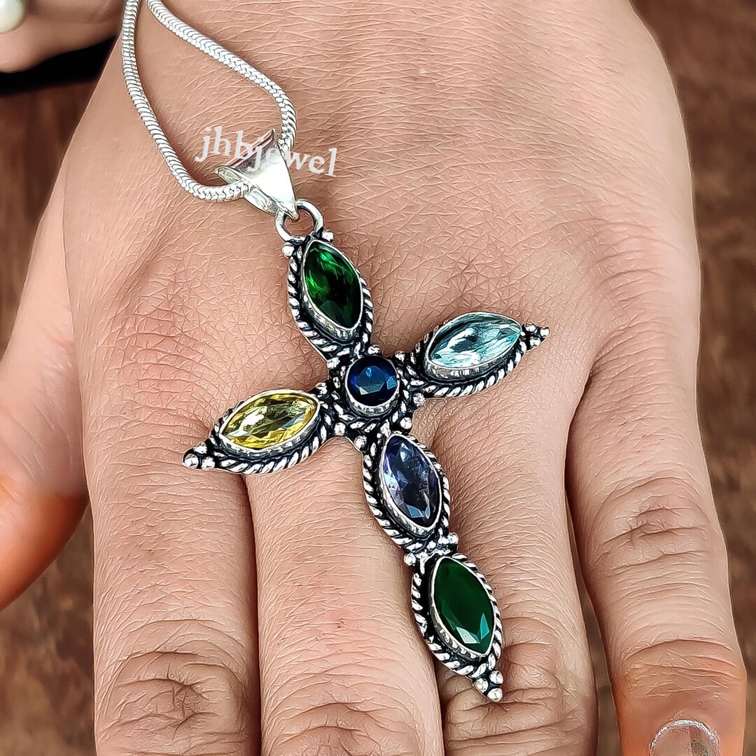Multi Gemstone Cross Pendant 925 Silver Jesus Cross, Handmade Jewelry ...