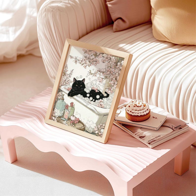 Chunky Black Cat in a Bubble Bath Art Print, Japandi Cat Wall Art, Sage Green Teal Pink Floral ...