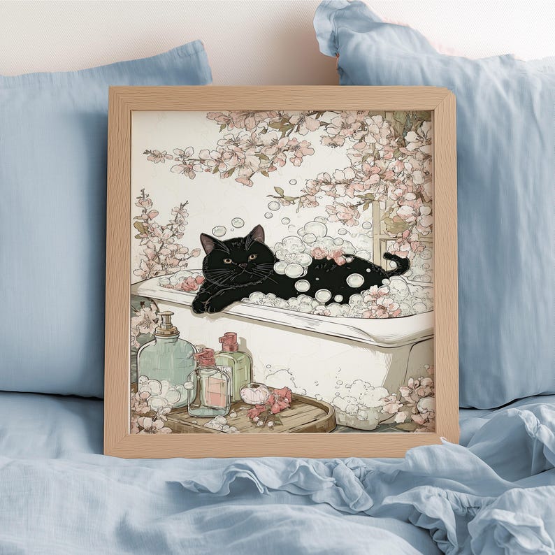 Chunky Black Cat in a Bubble Bath Art Print, Japandi Cat Wall Art, Sage Green Teal Pink Floral ...