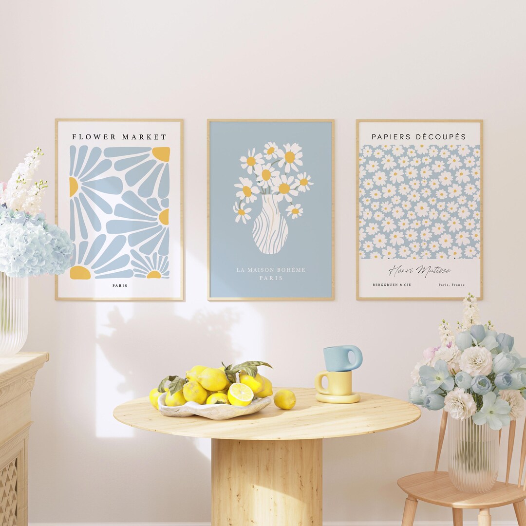 Light Blue Prints, Set of 3, Blue Daisy Wall Art, Matisse Poster, Paris ...