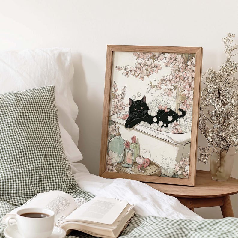 Chunky Black Cat in a Bubble Bath Art Print, Japandi Cat Wall Art, Sage Green Teal Pink Floral ...