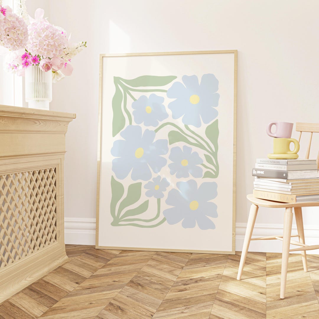 Powder Blue & Sage Green Flower Print | Soft Girl Bedroom Decor - Etsy UK
