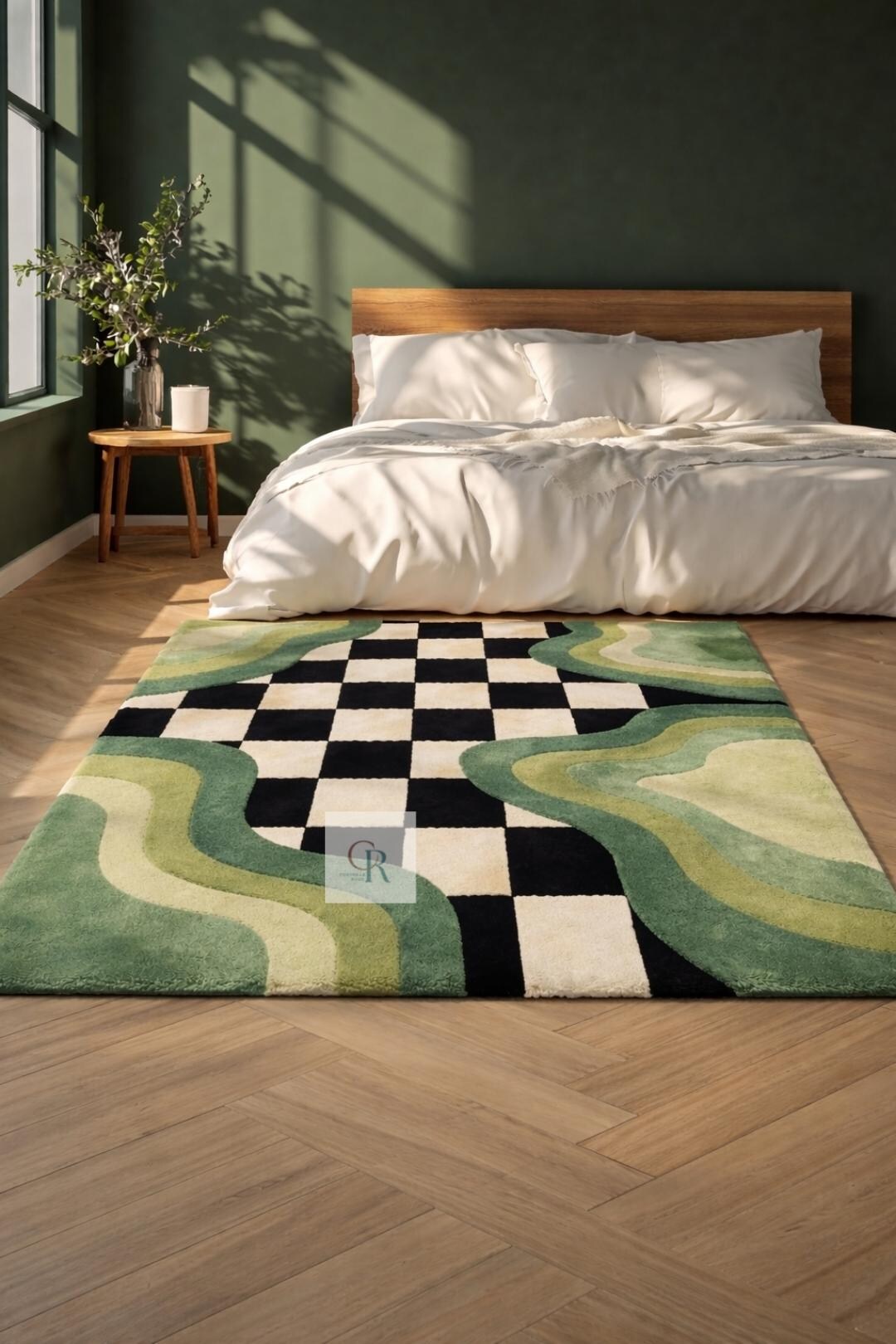 Green Abstract Checkerboard Rug – Handmade Tufted Wool Area Rug ...